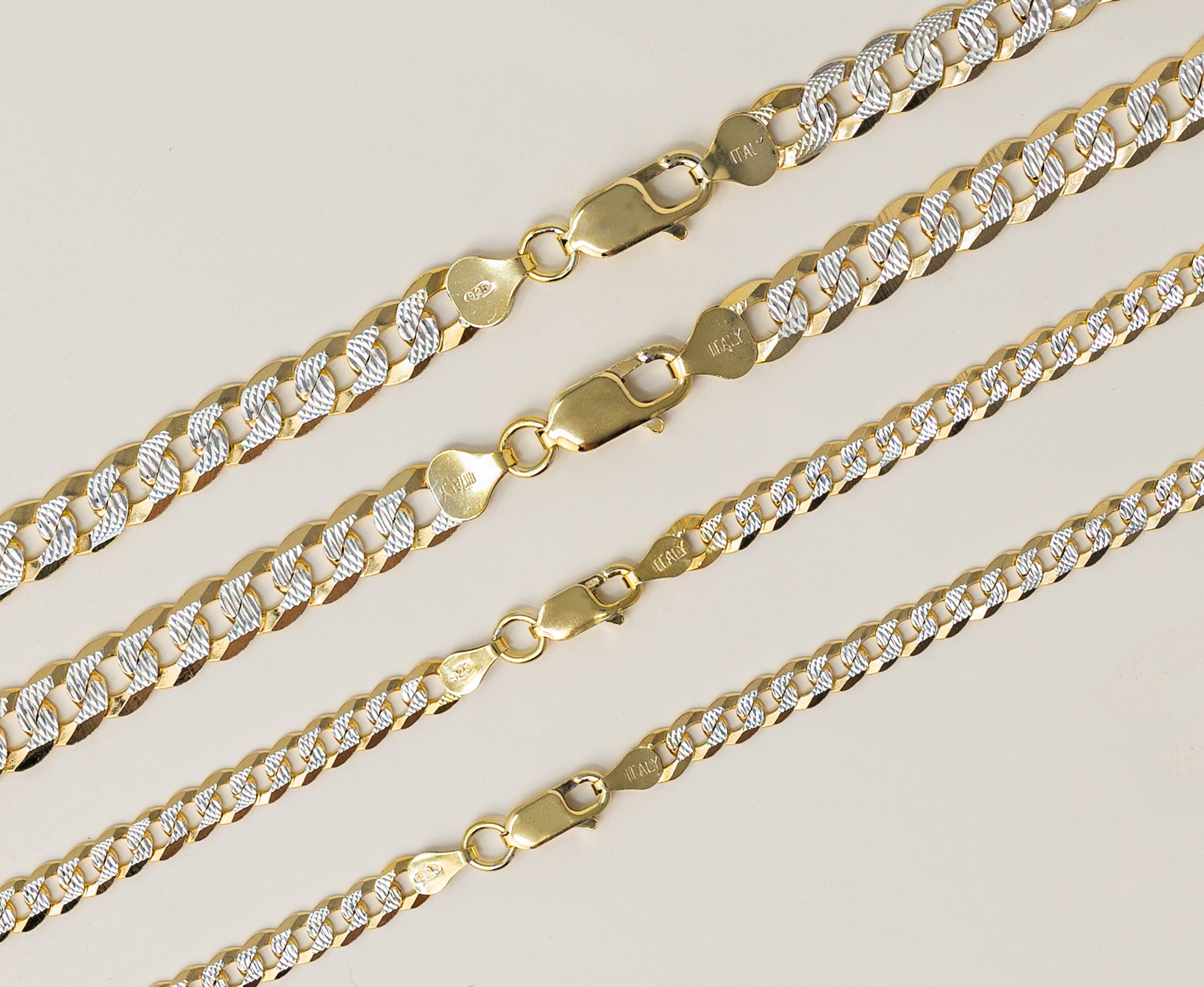 Flat Cuban Link Chain 14K Gold Plated Solid 925 Sterling Silver Two ...