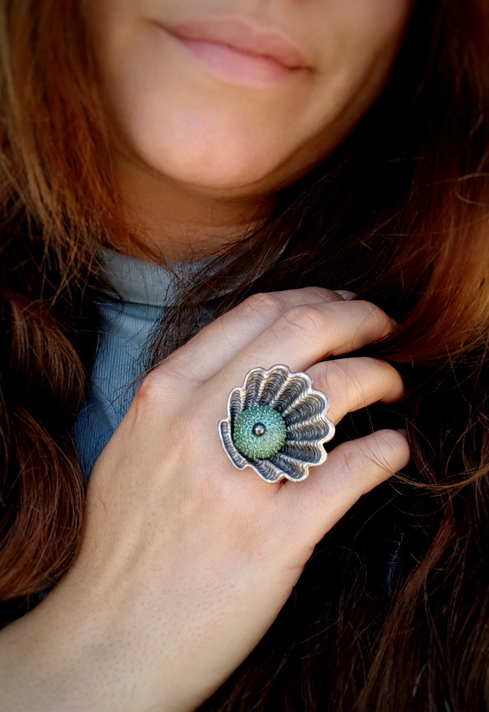 Mermaid Sea Urchin Ring Seashell Sea Urchin Seafoam Green With Pearl, Nautical Beach Ring - Etsy