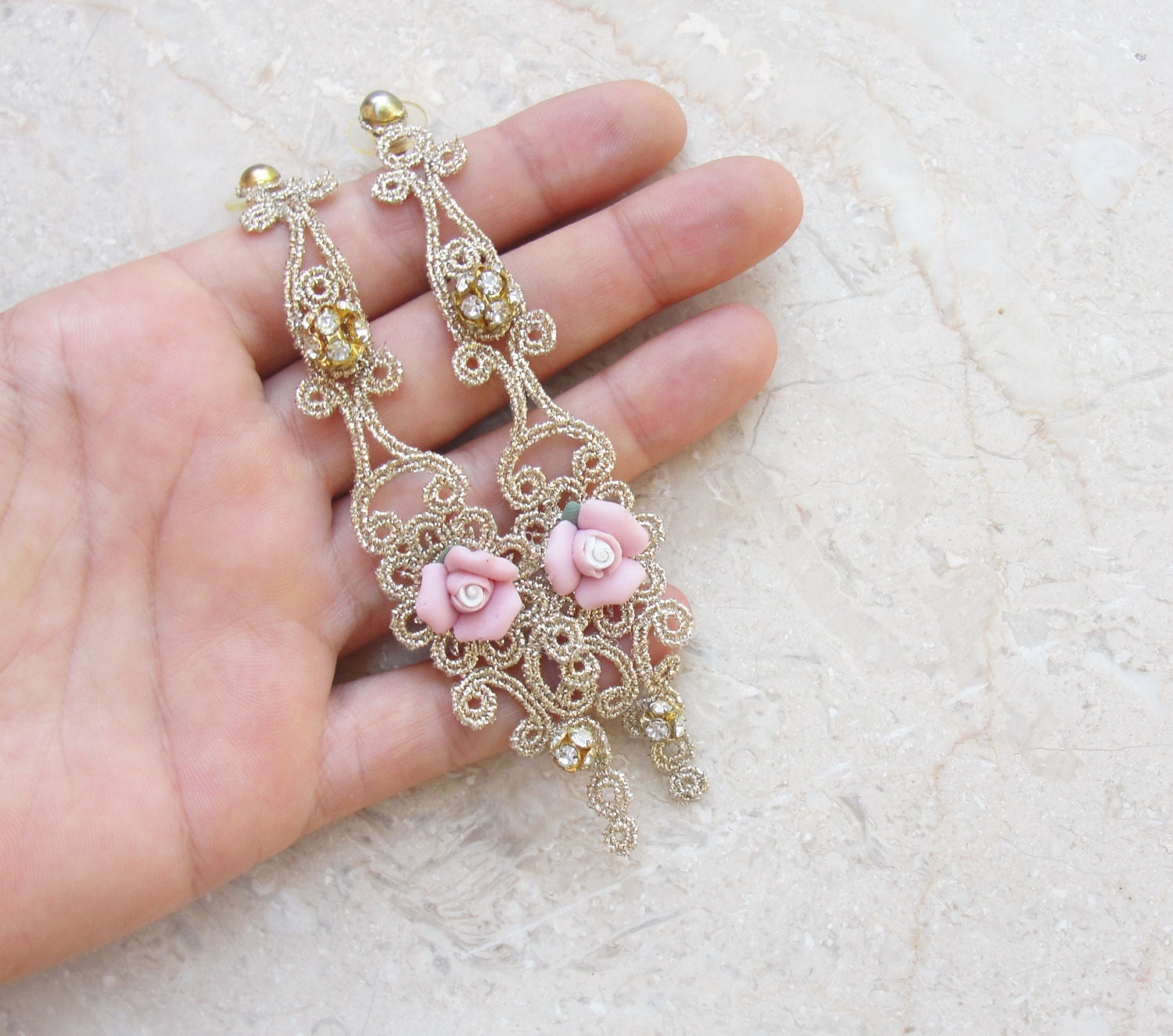 Lace Porcelain Crystal Earrings Long elegant Gold earrings | Etsy