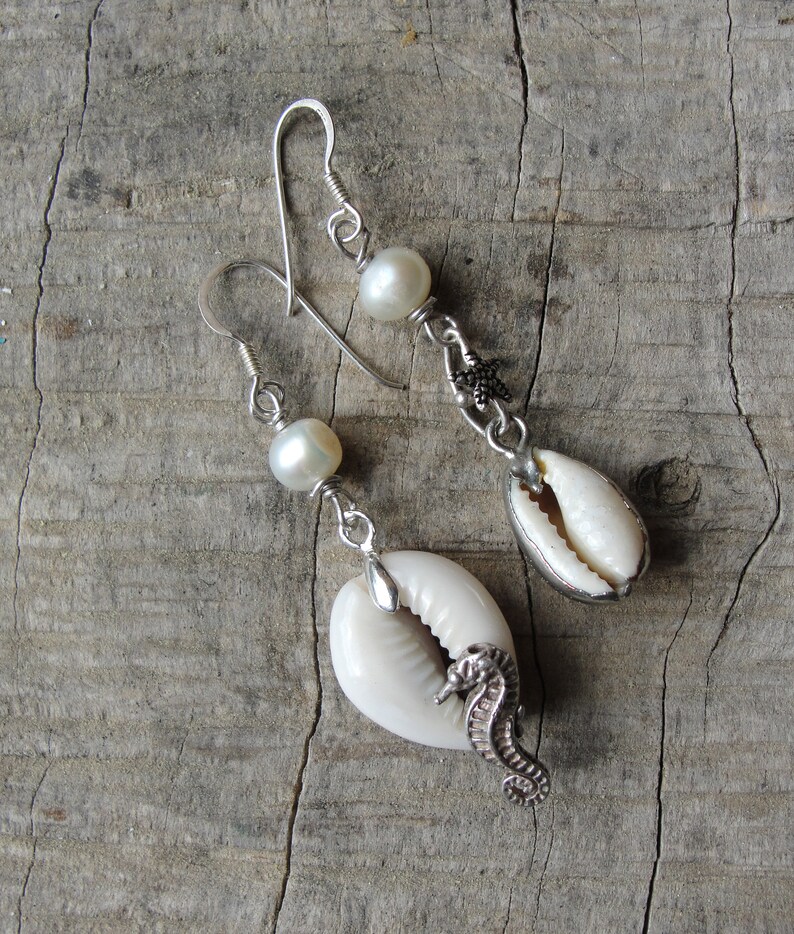 Asymmetrical Cowry Shell Pearl Earrings Sterling Silver - Etsy
