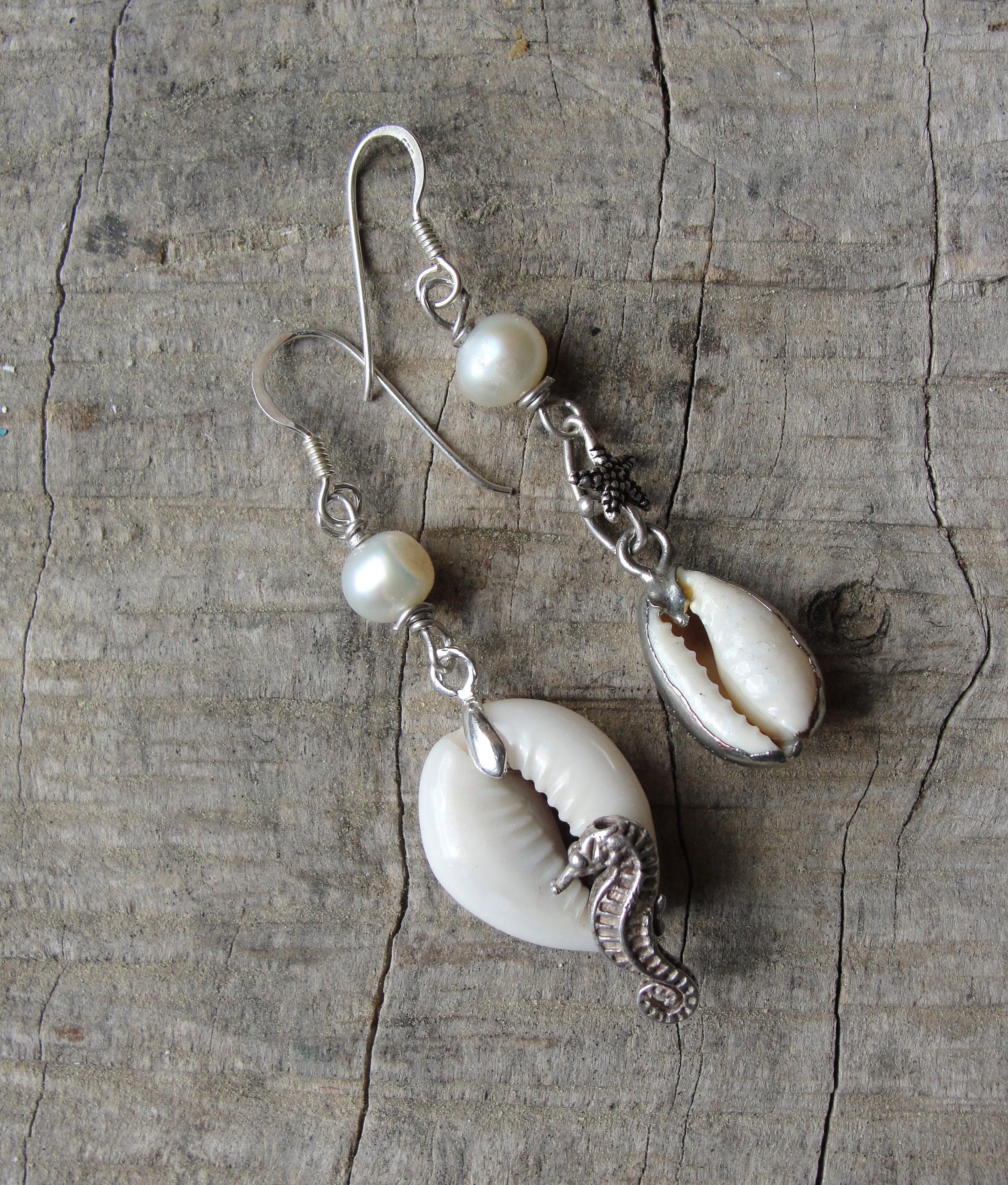 Asymmetrical Cowry Shell Pearl Earrings Sterling Silver - Etsy