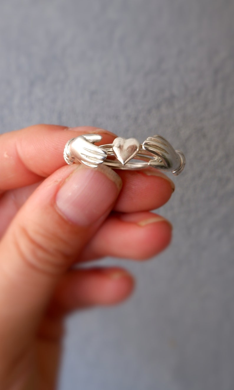 Sterling Silver Hand Ring With Heart, Triple Engagement Ring, Unusual ...