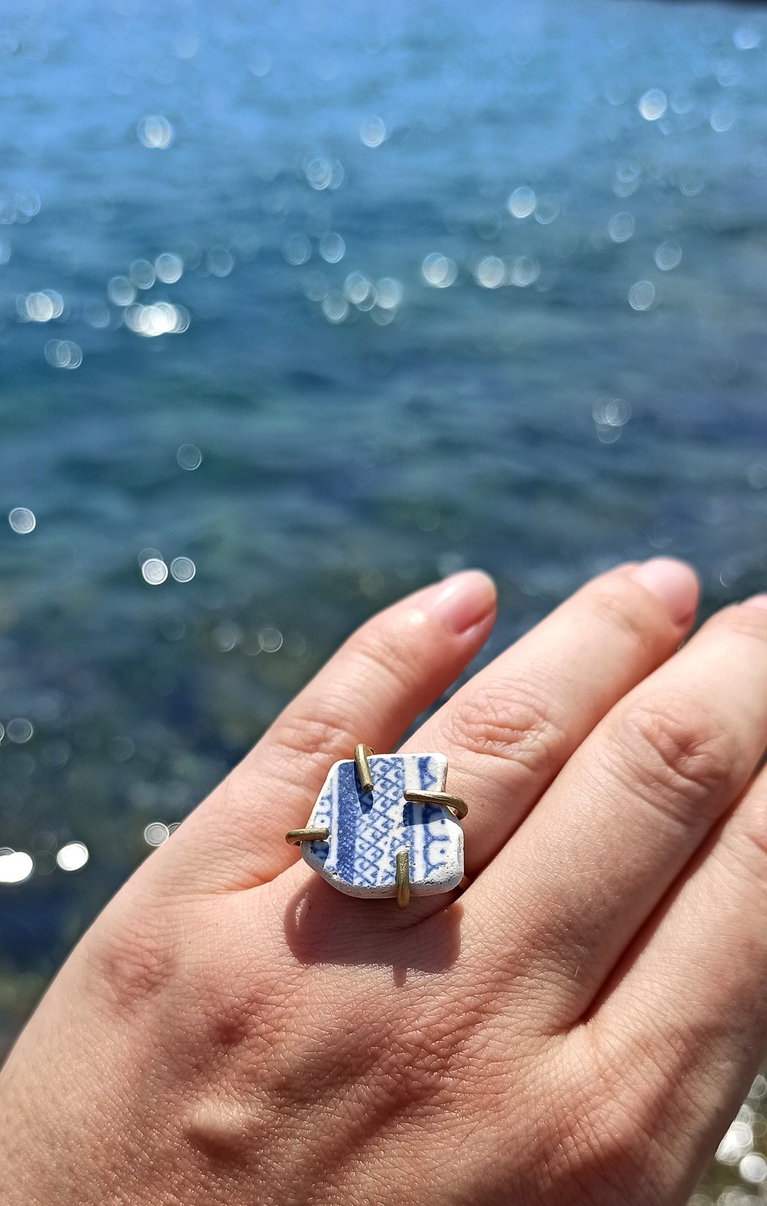 Blue Beach Pottery Ring Sea Tumbled Pottery Delft Blue, Brass Ring Size ...