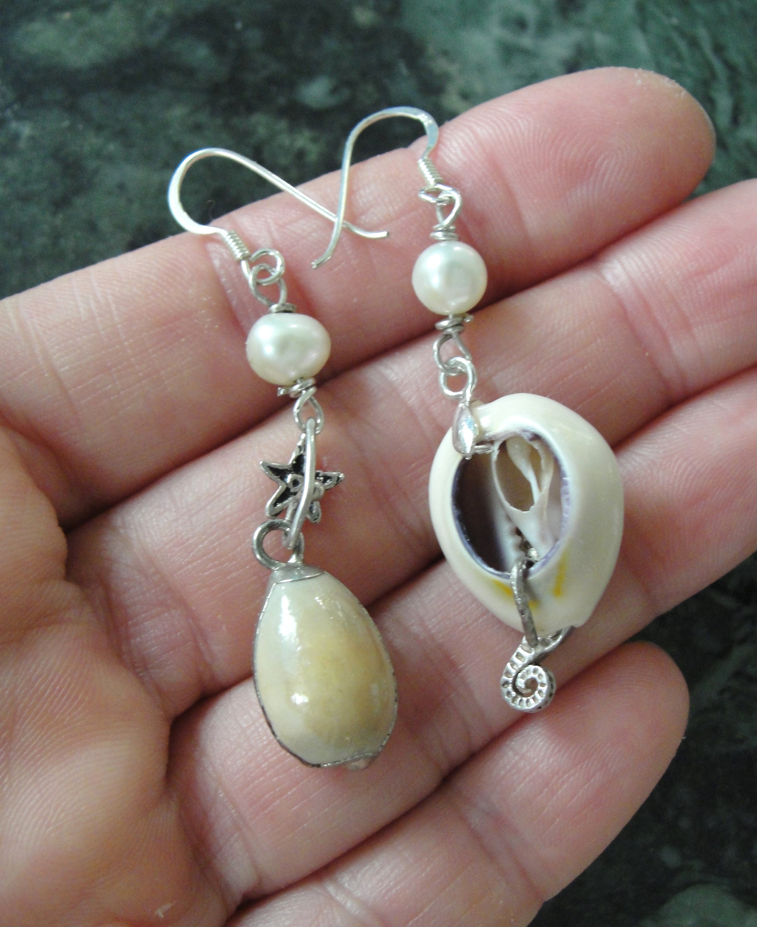 Asymmetrical Cowry Shell Pearl Earrings Sterling Silver - Etsy