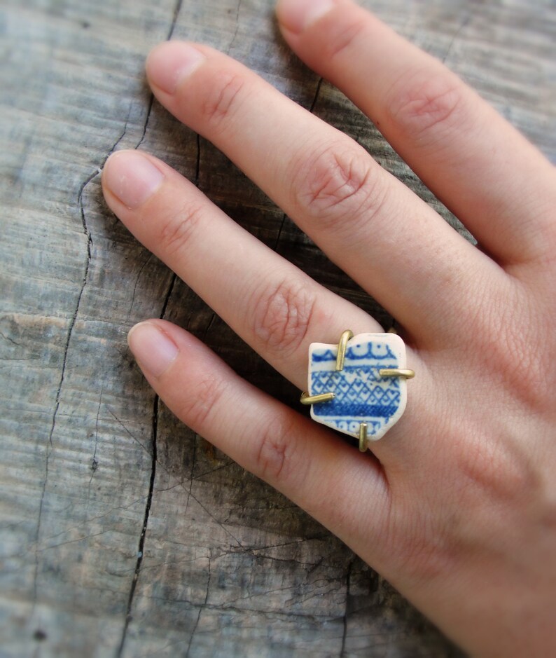 Blue Beach Pottery Ring Sea Tumbled Pottery Delft Blue, Brass Ring Size ...
