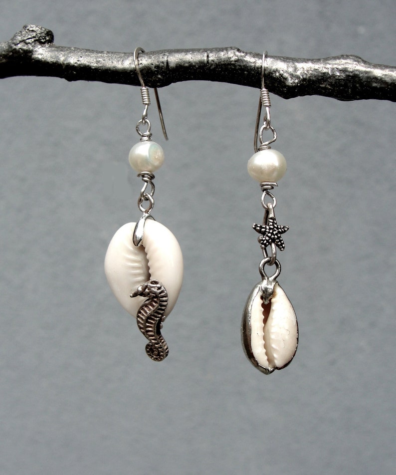 Asymmetrical Cowry Shell Pearl Earrings Sterling Silver - Etsy