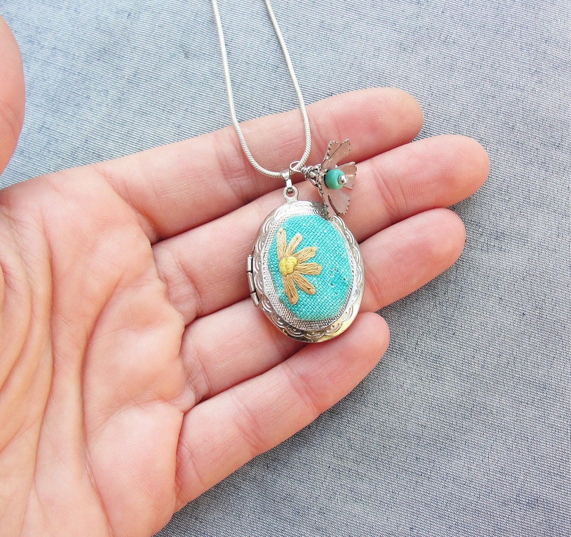 Embroidery Locket Necklace Teal Vintage Embroidery Enamel and - Etsy