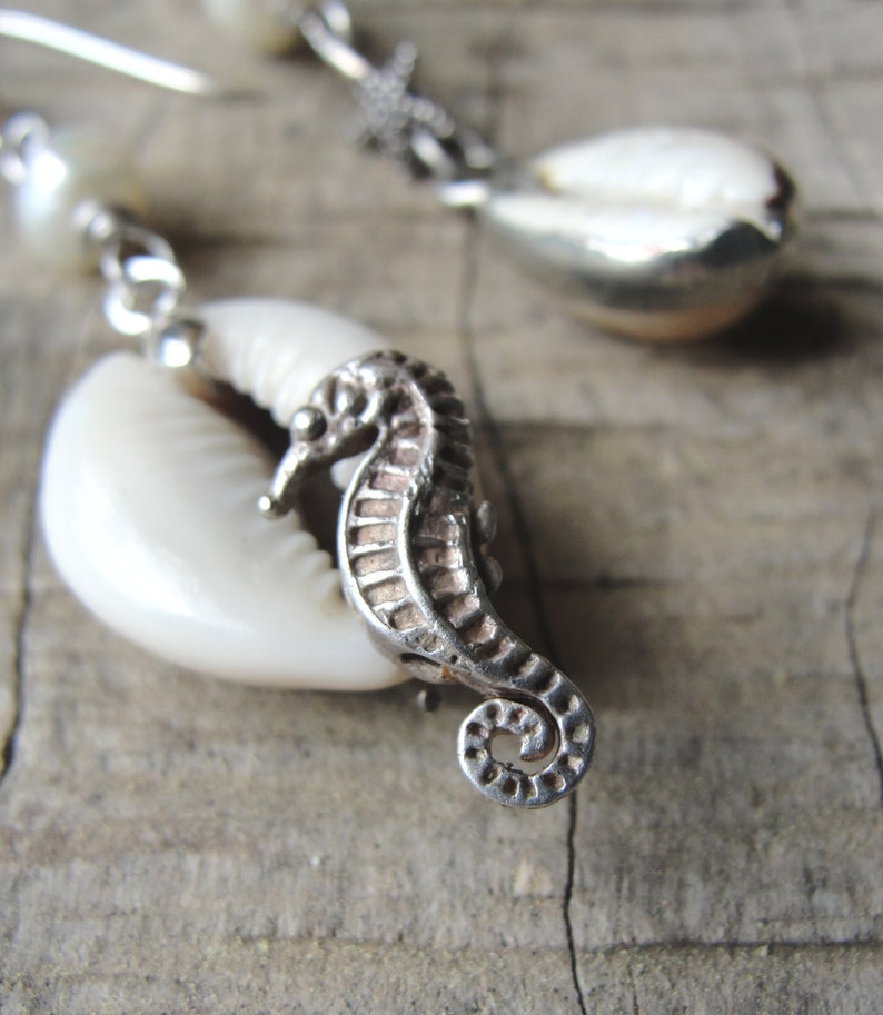 Asymmetrical Cowry Shell Pearl Earrings Sterling Silver - Etsy