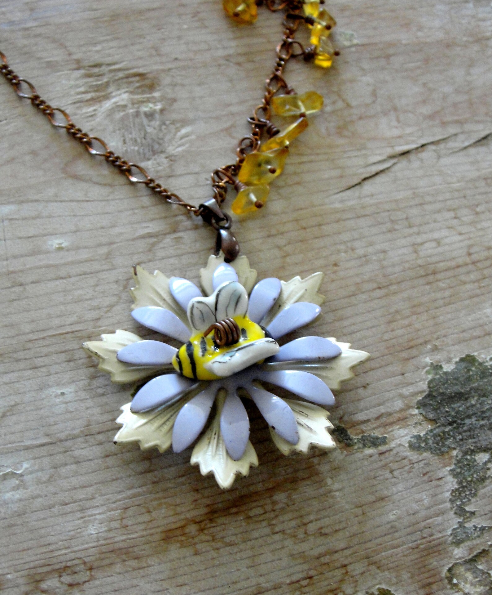 The Queen Bee Necklace- Vintage Enamel Flower, Honey Quartz and Ceramic ...
