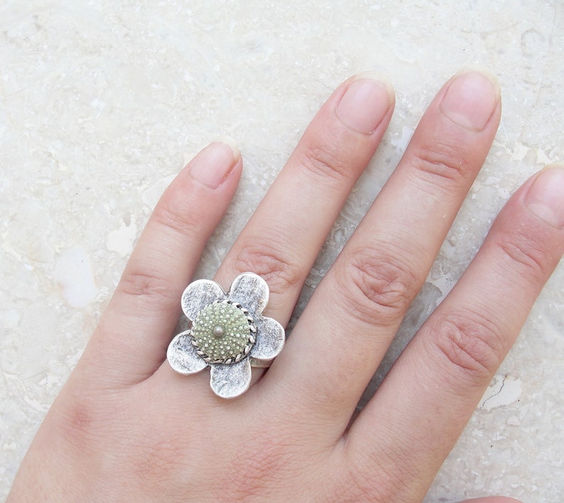Sea Urchin Ring Green Flower Seashell Ring - Etsy