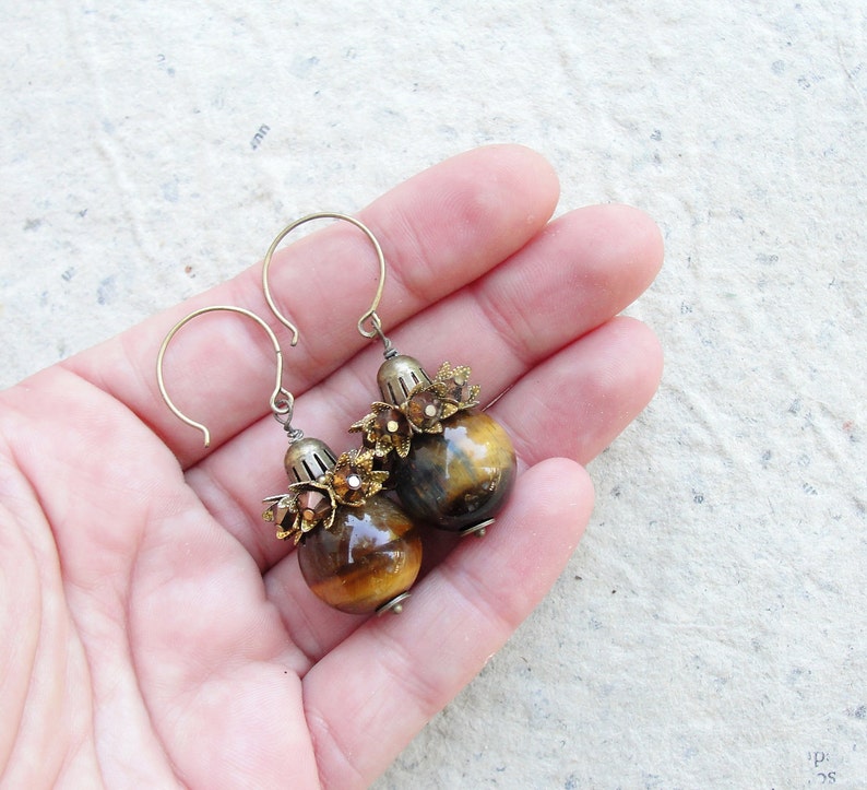 Tigers Eye Earrings Stone, Crystal and Brass - Etsy Hong Kong