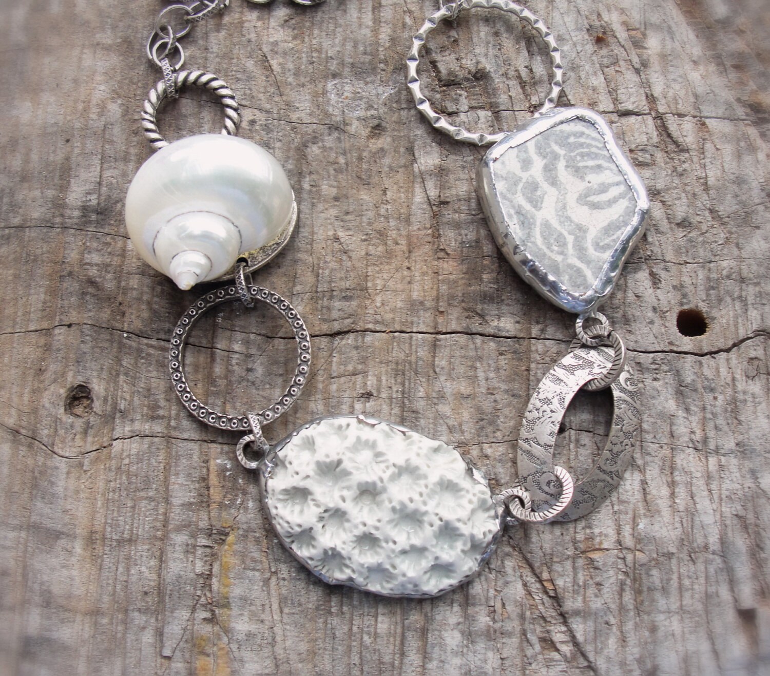 Mermaid Treasures Necklace - Ceramic, Seashell, Beach Pottery, Metal ...