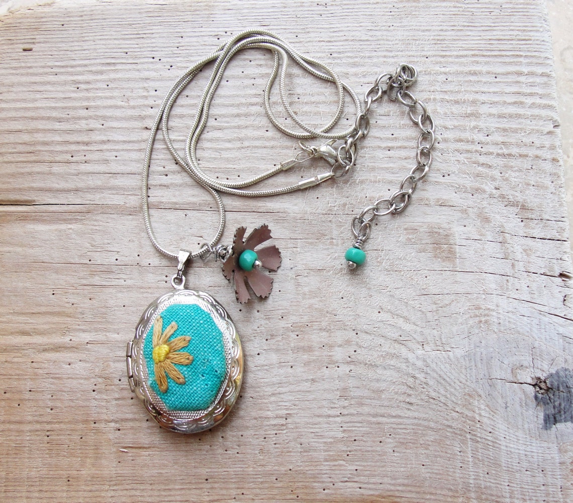 Embroidery Locket Necklace Teal Vintage Embroidery Enamel and - Etsy