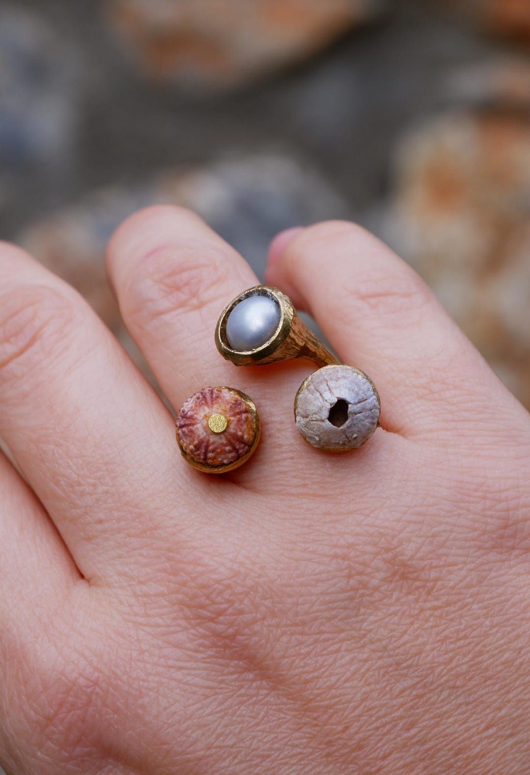 Sea Jewel Trio Ring - Barnacle, Pearl and Sea Urchin US Size 6.5 - Etsy