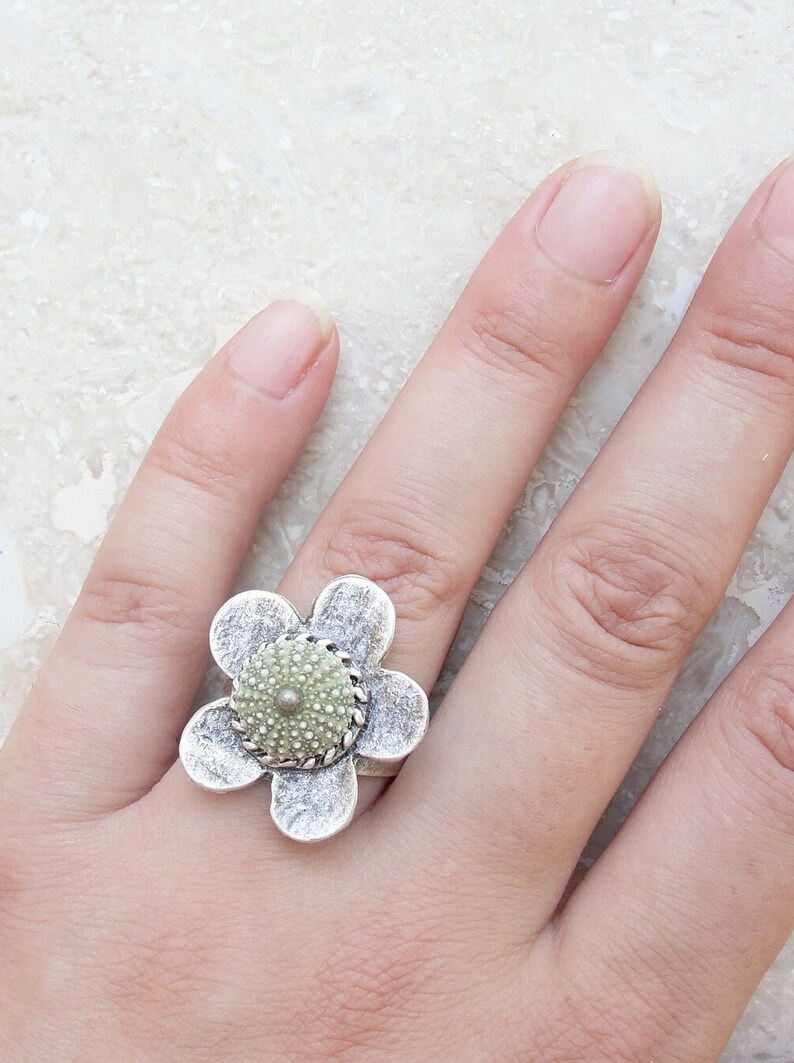 Sea Urchin Ring Green Flower Seashell Ring - Etsy