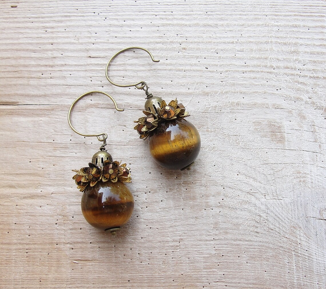 Tigers Eye Earrings Stone, Crystal and Brass - Etsy Hong Kong