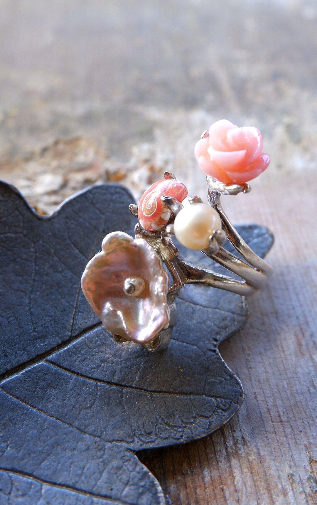 Coral, Pearl and Shell Ring, Sterling Silver Pink Mermaid Jewel One of ...