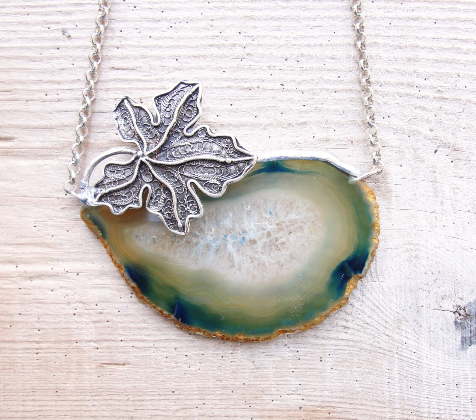 Green Agate Necklace Geode Soldered Stone Silver Plated Leaves - Etsy