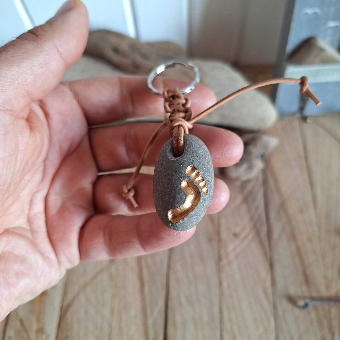 Handmade Keychain With Engraved Human Foot Footprint on Sea Beach Stone ...