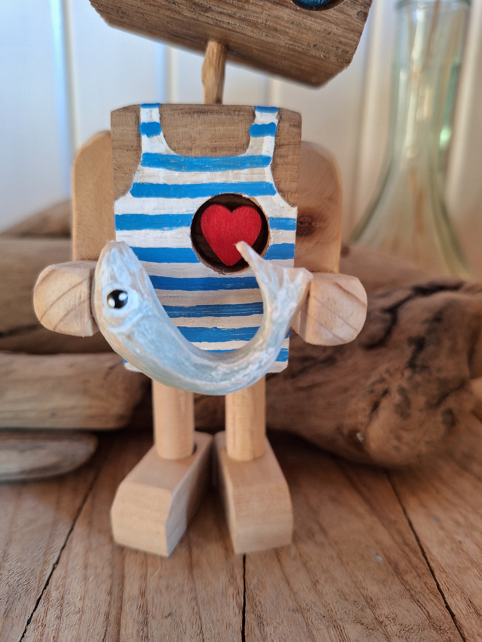 Handcrafted Wooden Robot With Fish , Handmade Sailor Robot Decor ...