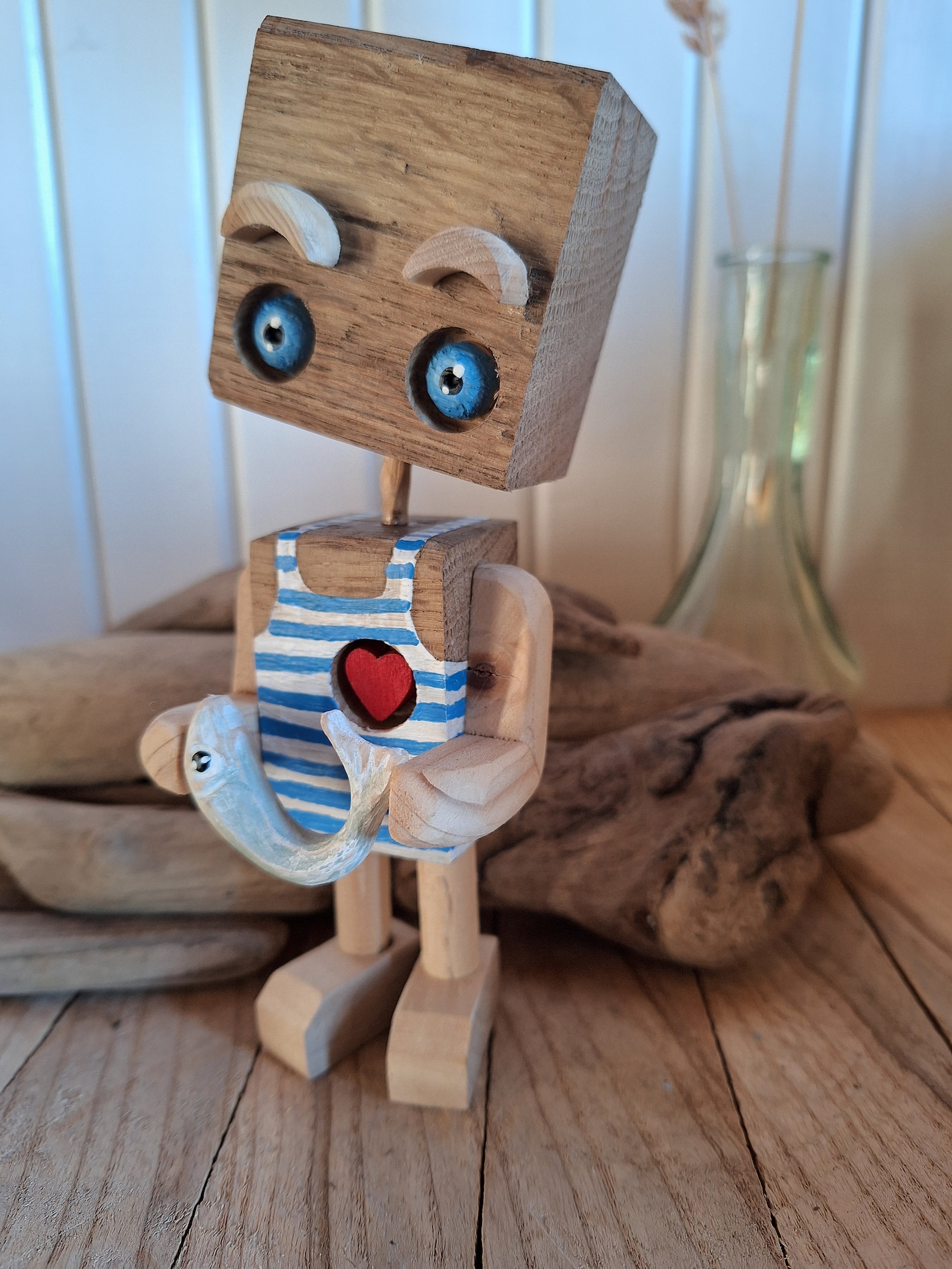 Handcrafted Wooden Robot With Fish , Handmade Sailor Robot Decor ...