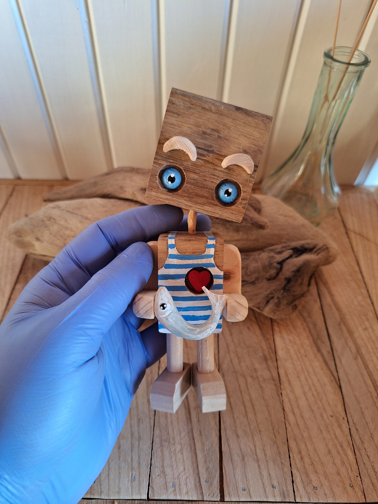 Handcrafted Wooden Robot With Fish , Handmade Sailor Robot Decor ...