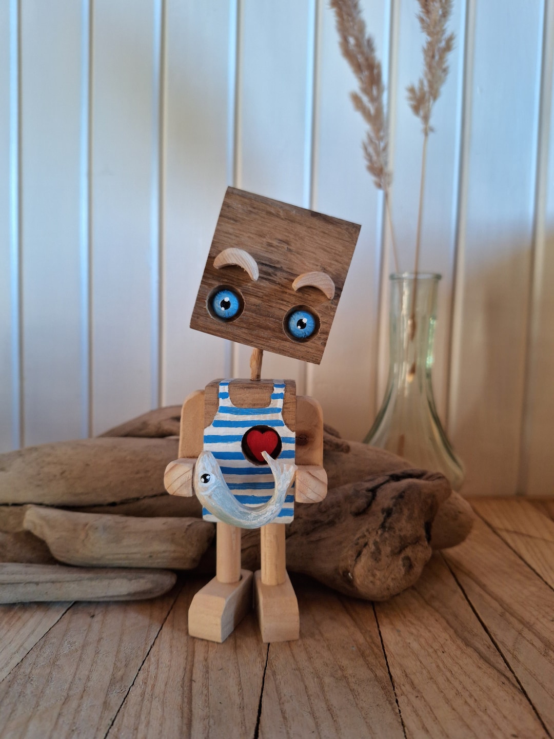 Handcrafted Wooden Robot With Fish , Handmade Sailor Robot Decor ...