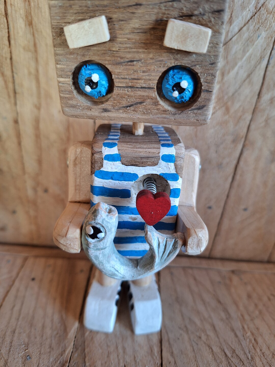 Handcrafted Wooden Robot With Fish , Handmade Sailor Robot Decor ...