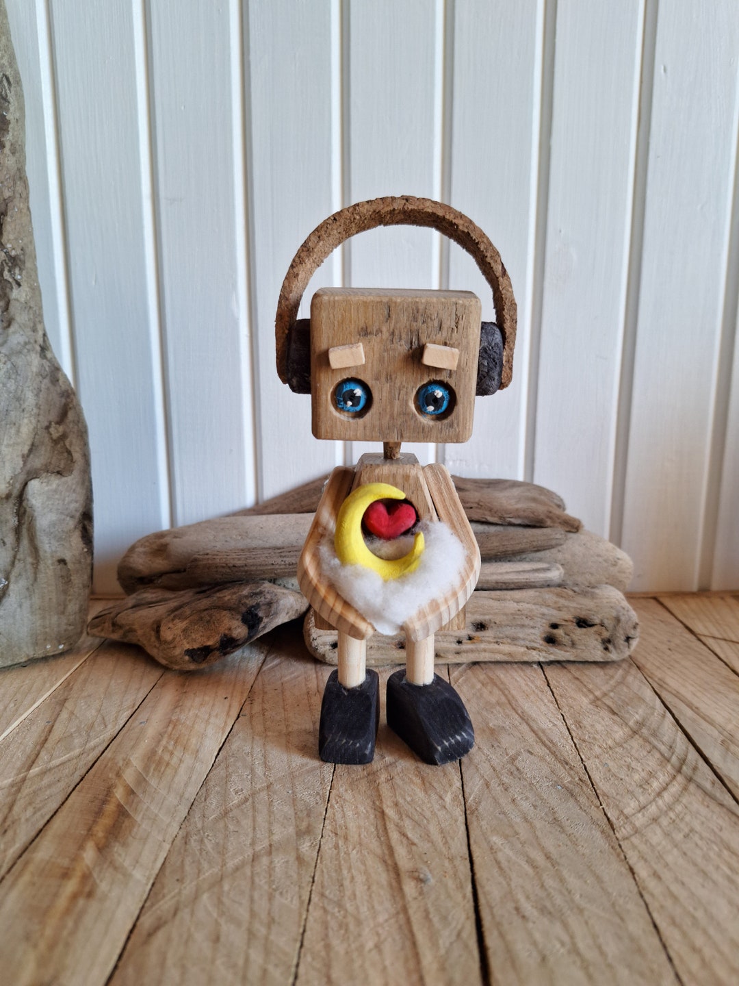 Handcrafted Wooden Robot With Cloud and Moon Unique Art Decor With ...