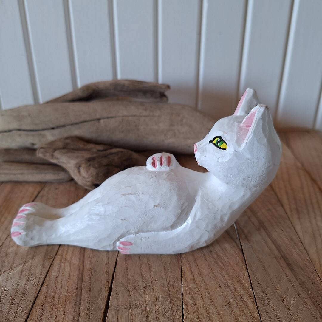 Hand Carved Wooden Cat Figurine , Relaxing Cat Sculpture , Handmade ...