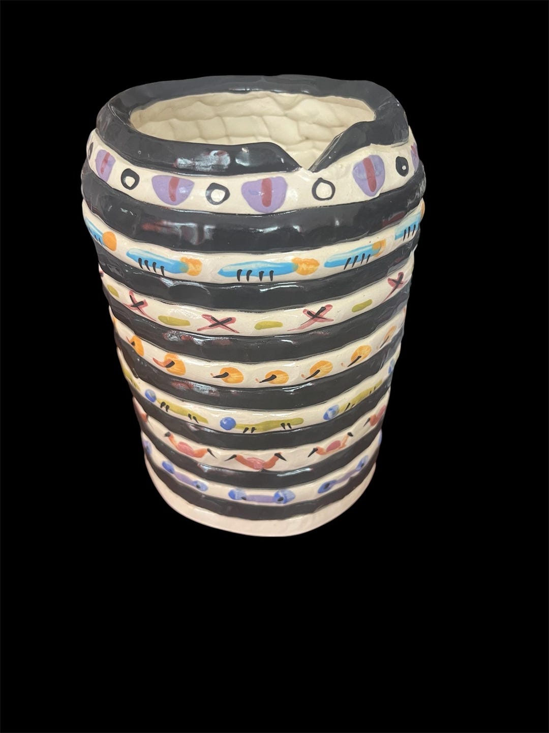 Signed Janet Lowe Studio Pottery Vase - Hand-coiled Painted Earthenware ...