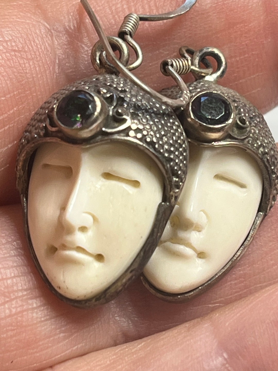 Carved Cameo Face Silver Filigree Earrings, Hand Carved Bone Face ...