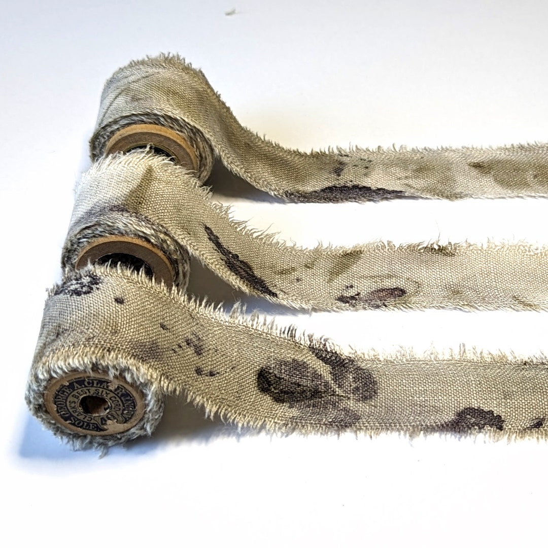 1 Wide Eco-dyed Linen Ribbon W/ Raw Edges on Vintage Wooden Thread ...