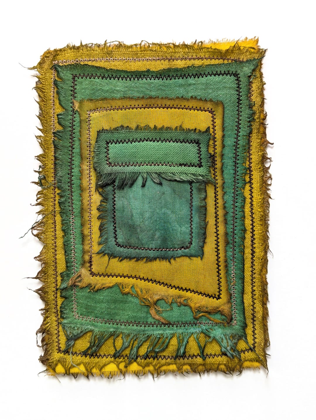 Ragged-edged, Hand-painted Fabric Collage Patch in Greens and Yellows ...