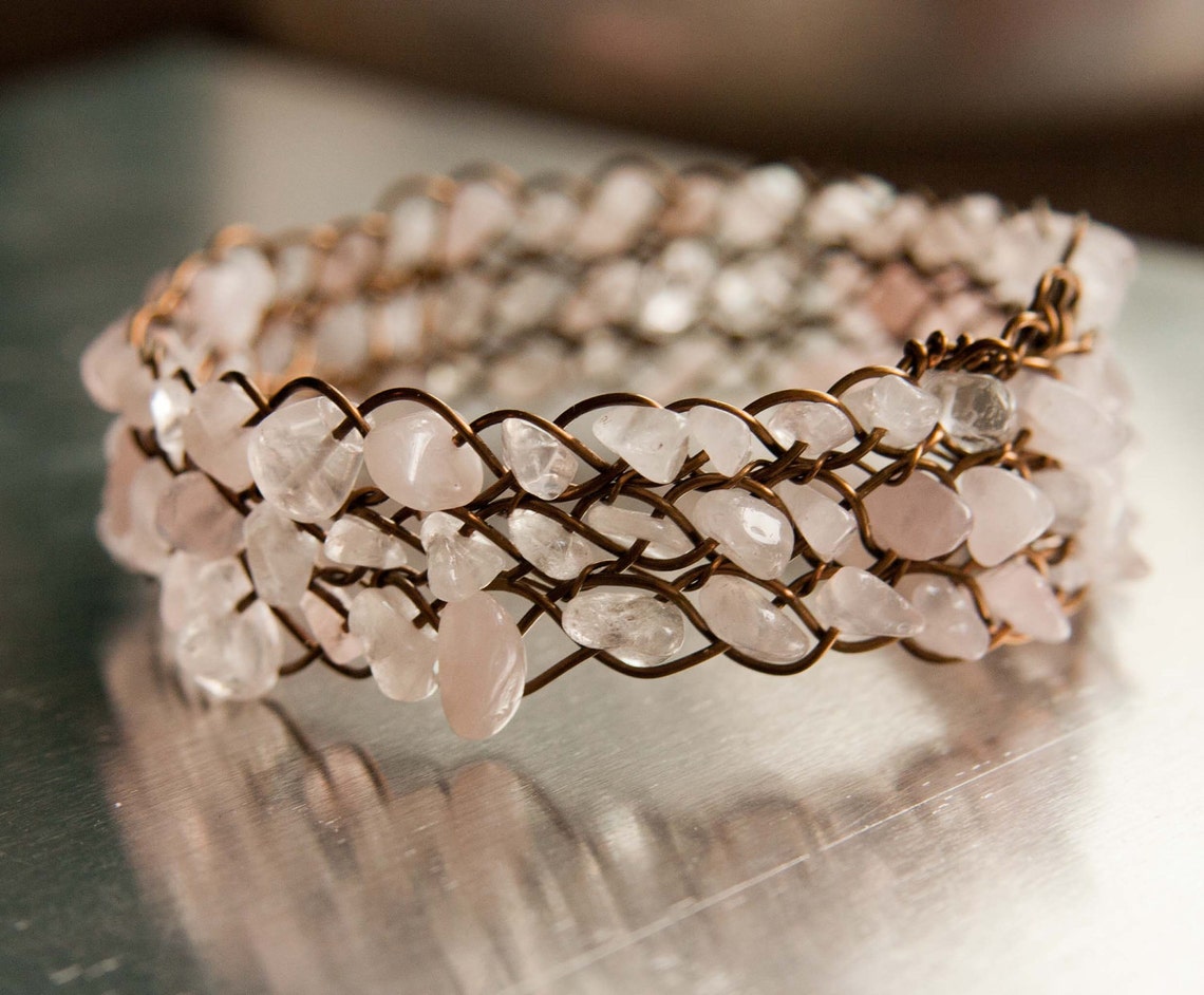 Pink Quartz and Bronze Braided Bangle Boho Bangle Gifts for - Etsy