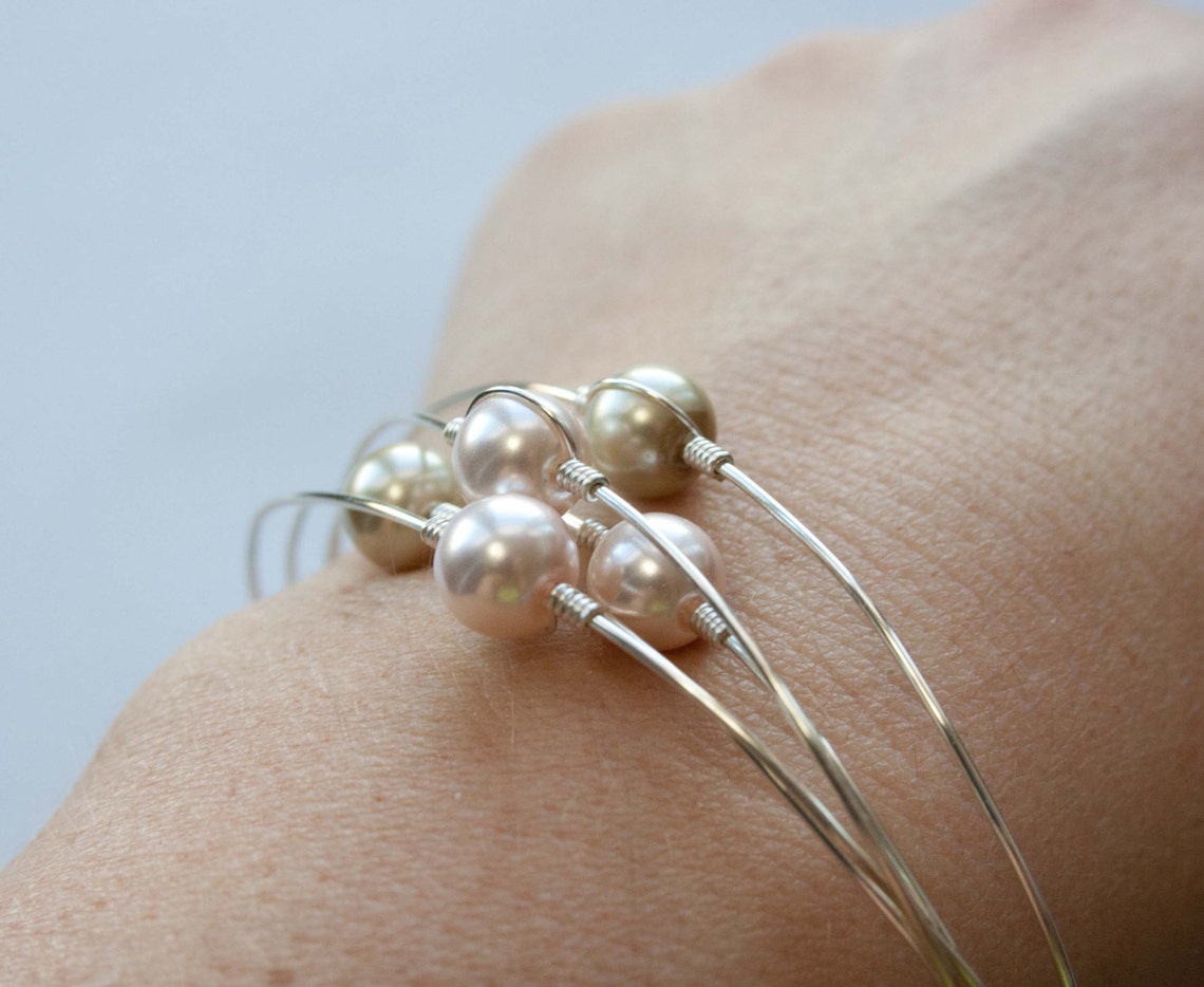 Pink and Tan Pearl Bangle Cuff Bridesmaid Jewelry Wedding - Etsy