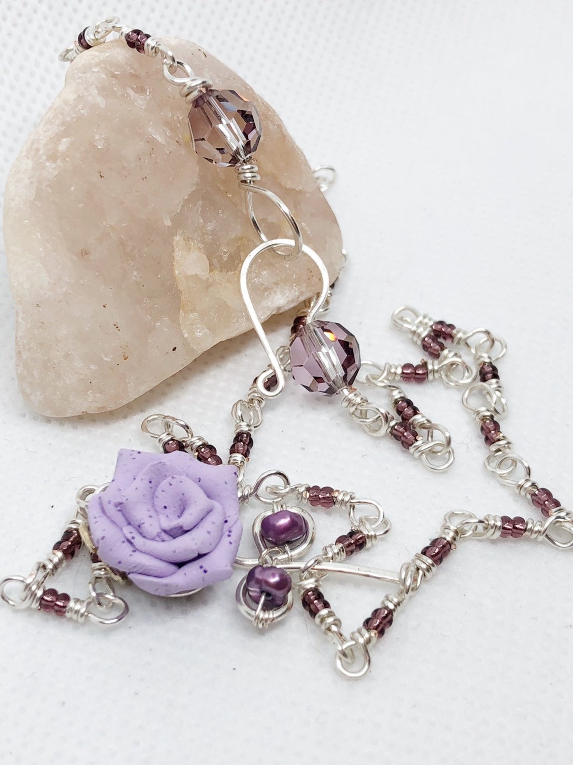 Lavender Polymer Clay Rose With Purple Freshwater Pearls on Silver ...