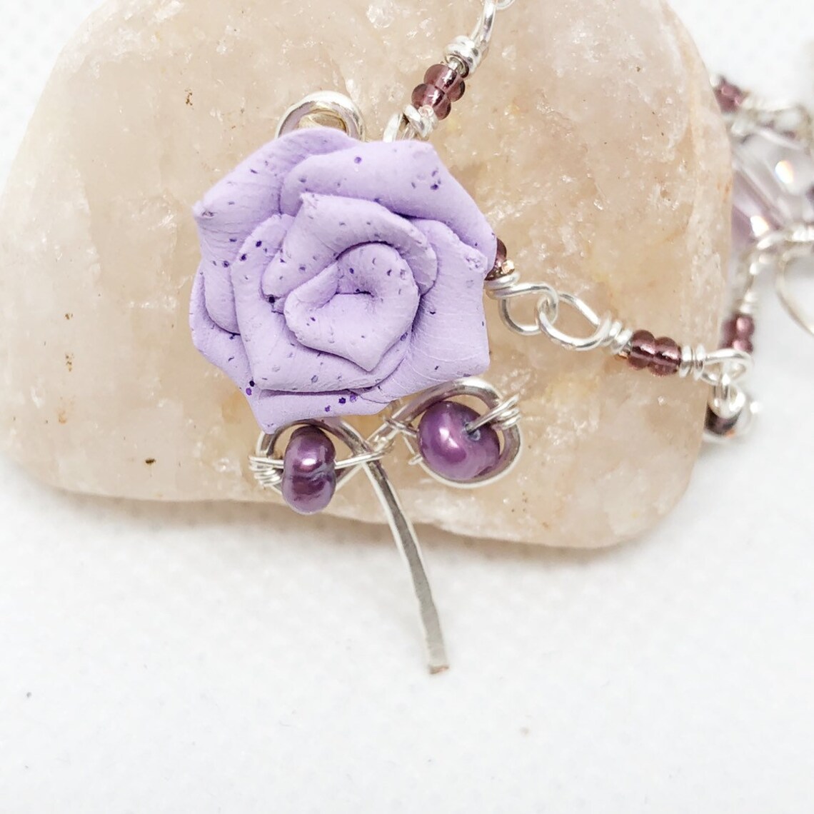 Lavender Polymer Clay Rose With Purple Freshwater Pearls on Silver ...