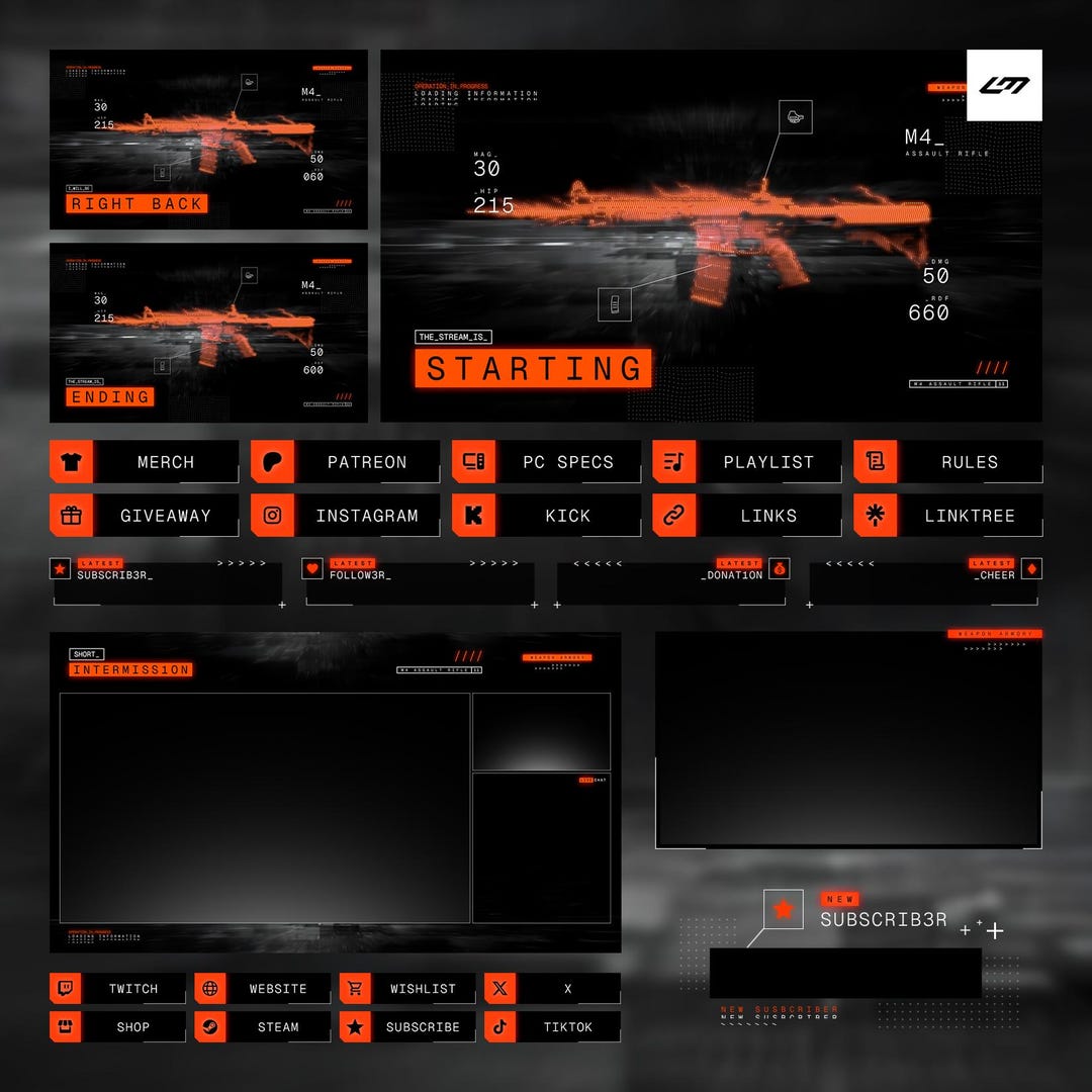 Tech Warfare Stream Overlay Pack – Black & Orange Glitch Animated ...