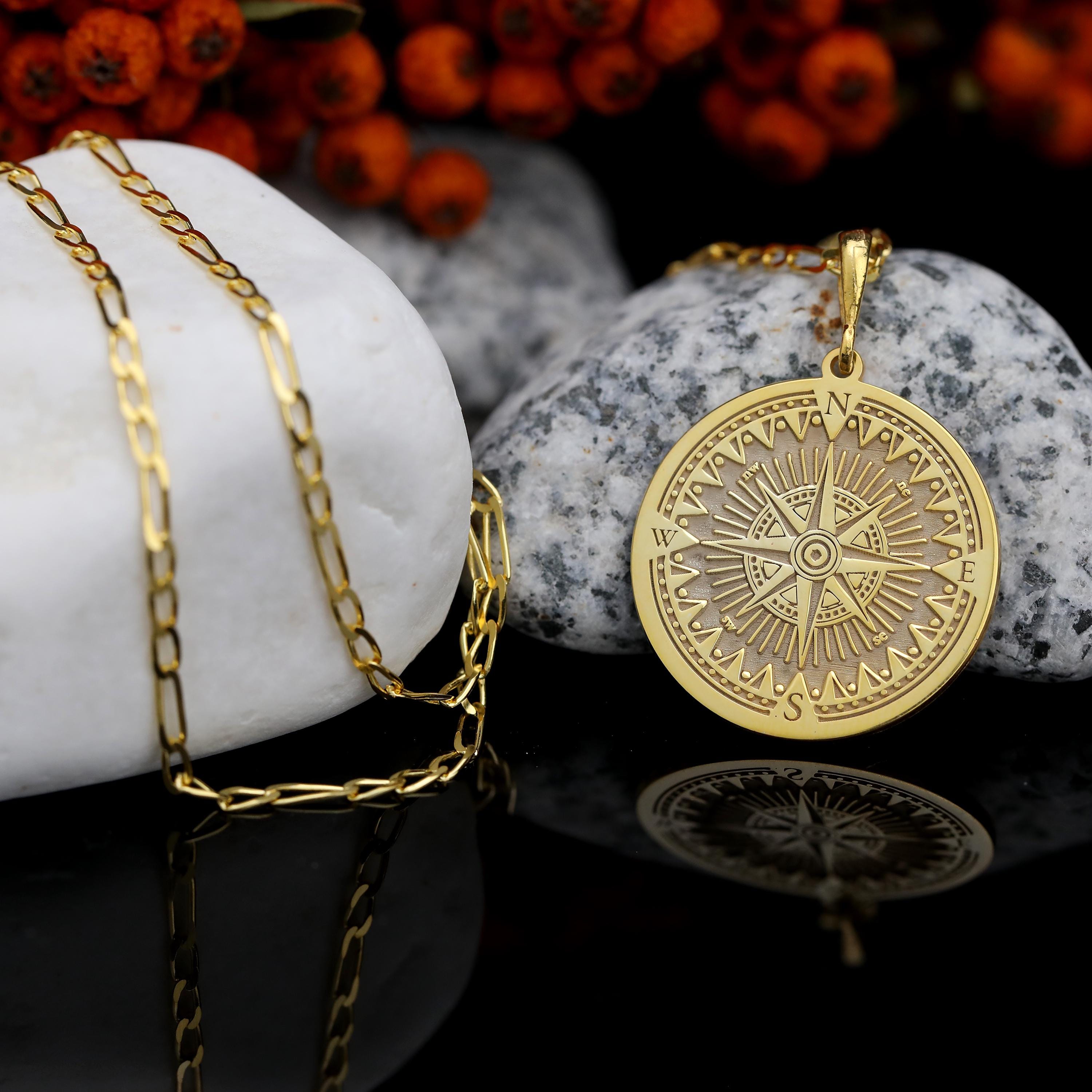Engraved Compass Necklace: Sterling Silver, Gold, or Vermeil - Gift for ...