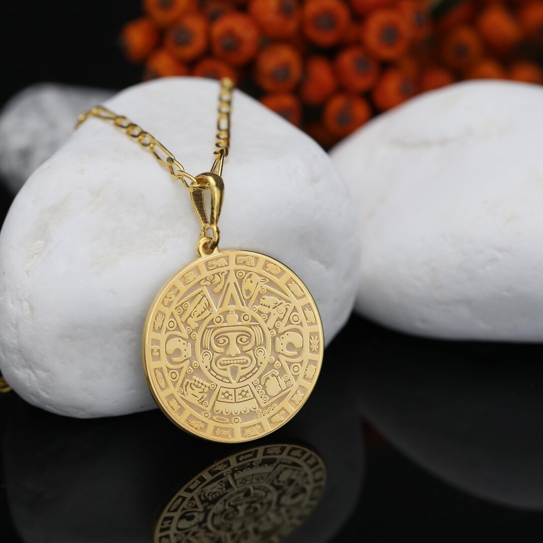 Aztec Calendar Necklace: Engraved Sun Stone Pendant, Gold Vermeil or ...