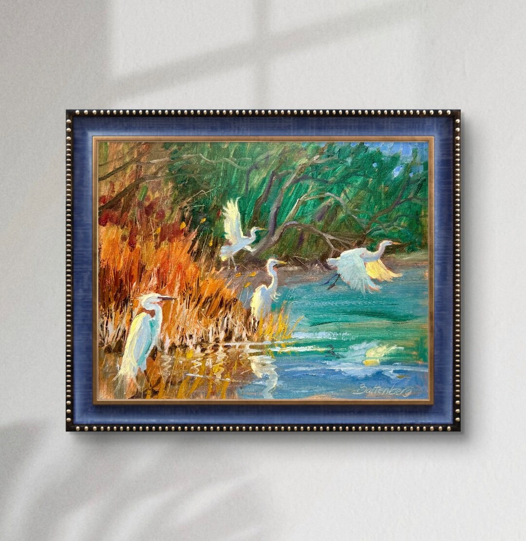Egret Rookery Painting, Hand Painted Oil Painting, Reeds and Birds - Etsy
