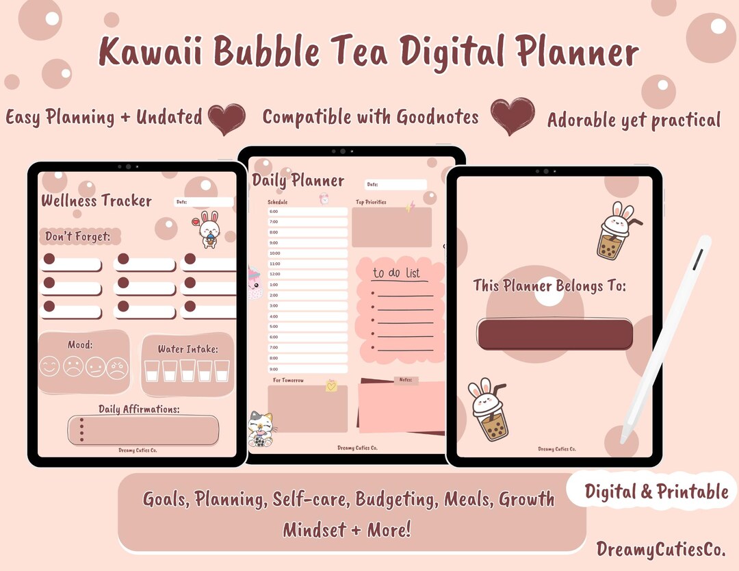Kawaii Bubble Tea Digital Planner Cute Tea Themed 2024 Planner Adorable Bubble Tea Daily Weekly ...