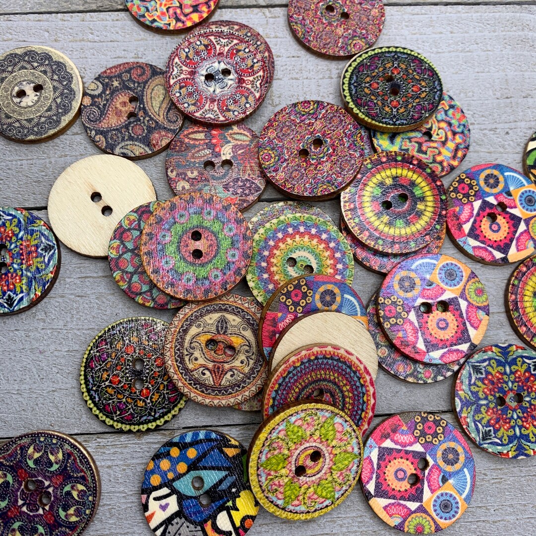 Boho Buttons 1 Diameter 10 or 100 Pack Wooden Buttons Assorted Patterns ...