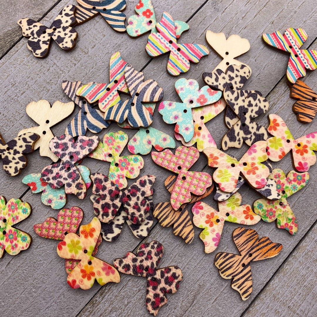 Butterfly Wooden Buttons - 25 or 50 Pack Buttons in Assorted Colors ...