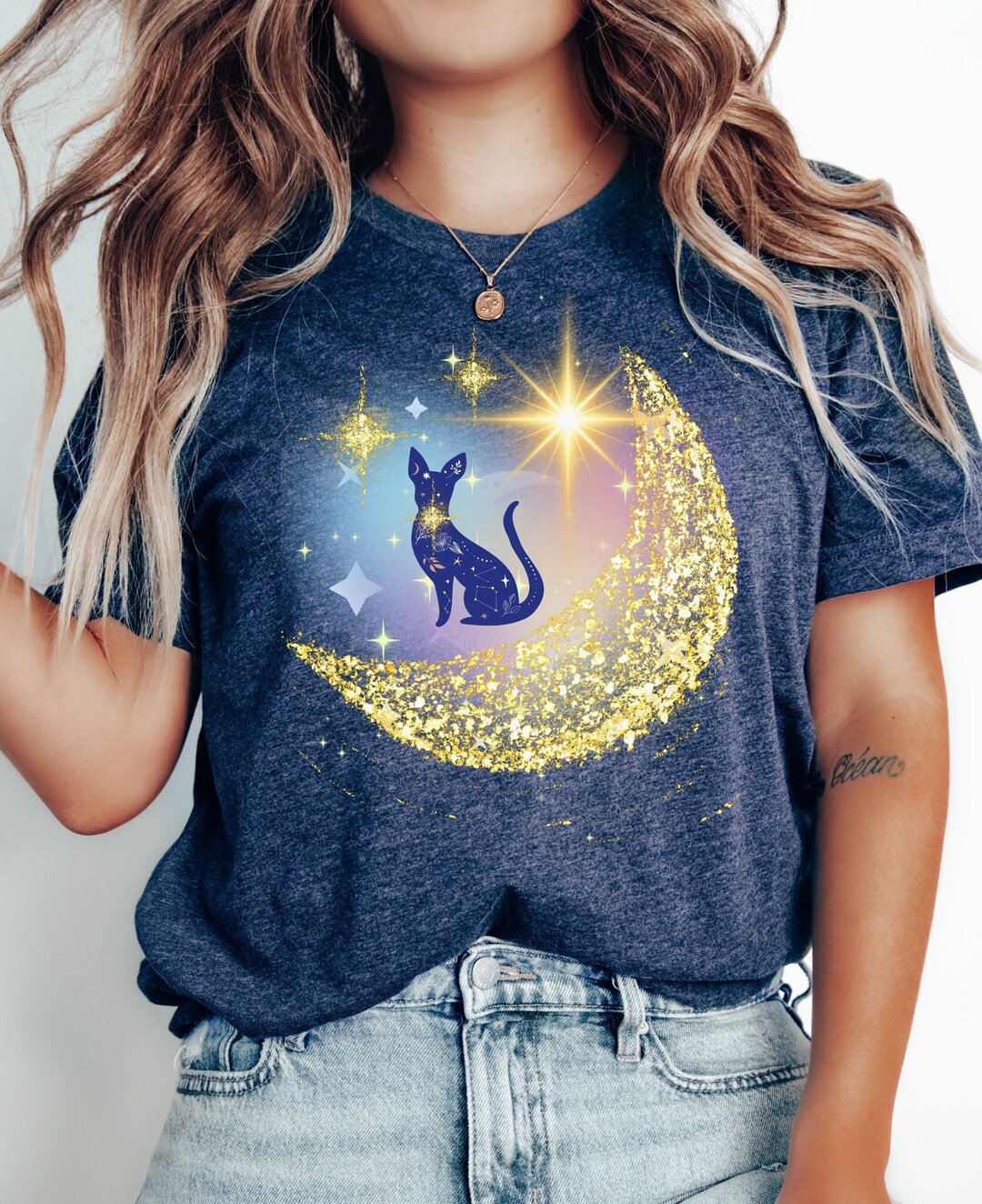 Celestial Moon Cat Shirt, Dark Cat Sitting on Moon Shirt, Cat Shirt ...