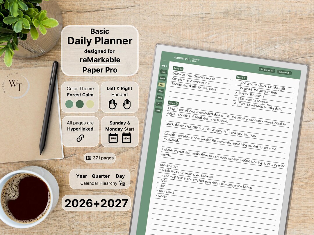 Basic Daily Planner for Remarkable Paper Pro, 2026, 2027, Green, Daily ...