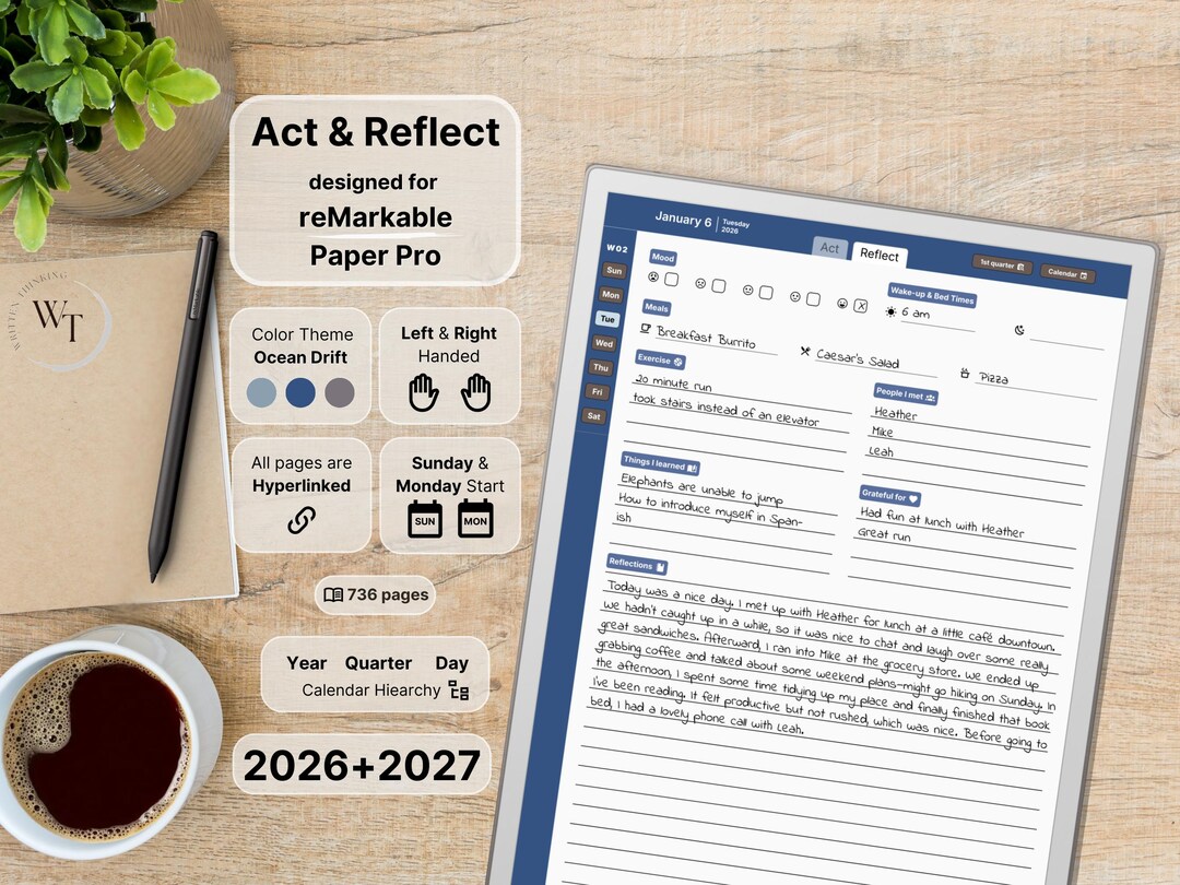 Act & Reflect for Remarkable Paper Pro, 2026, 2027, Blue, Daily Planner ...