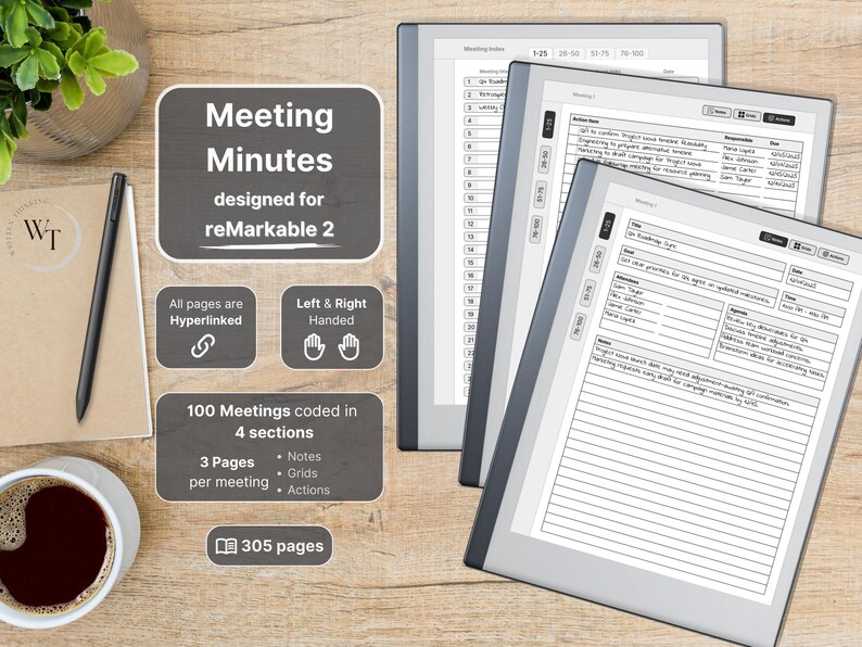 Meeting Minutes for Remarkable 2, Meeting Notebook, Hyperlinked, Left ...