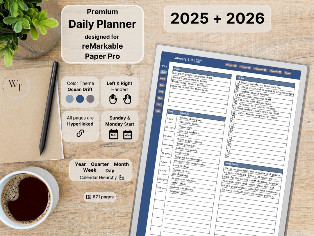 20252026 Premium Daily Planner for Remarkable Paper Pro Blue Full ...